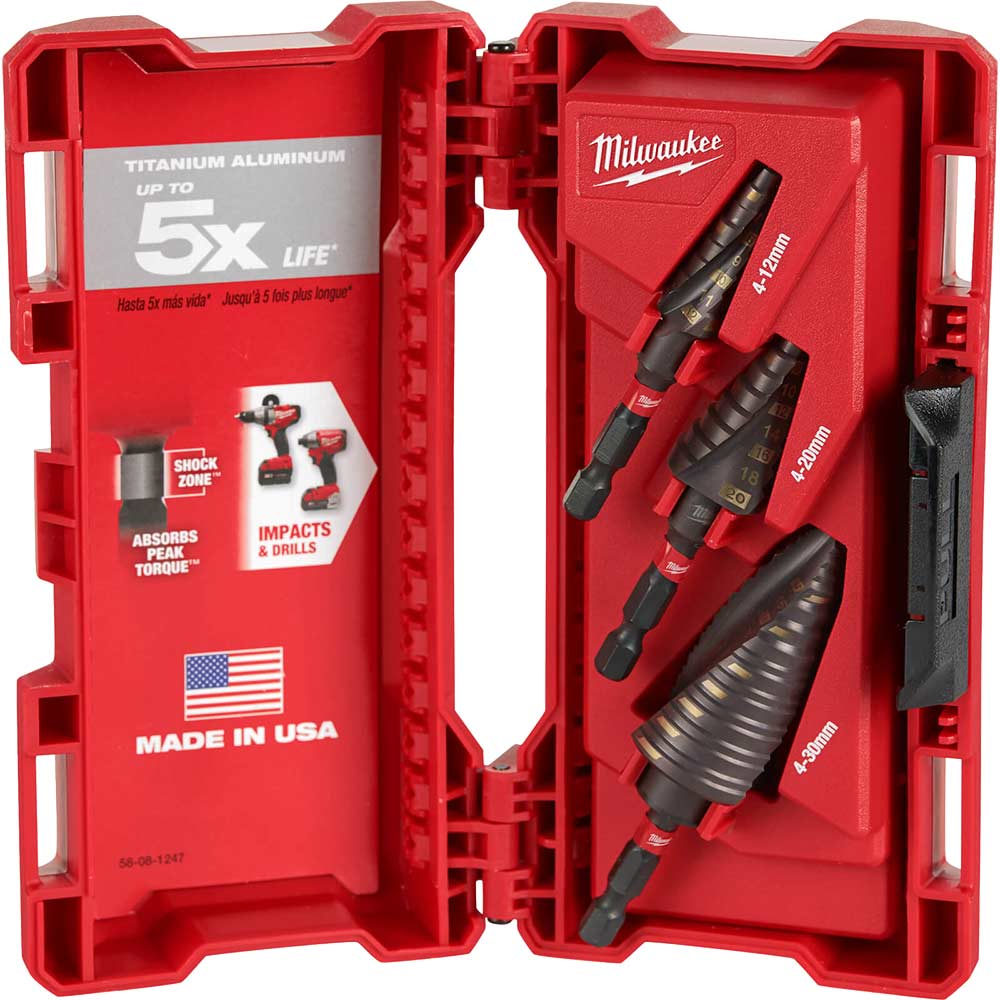 Milwaukee 3 Piece Shockwave Impact Step Drill Set | Cone & Stepped ...
